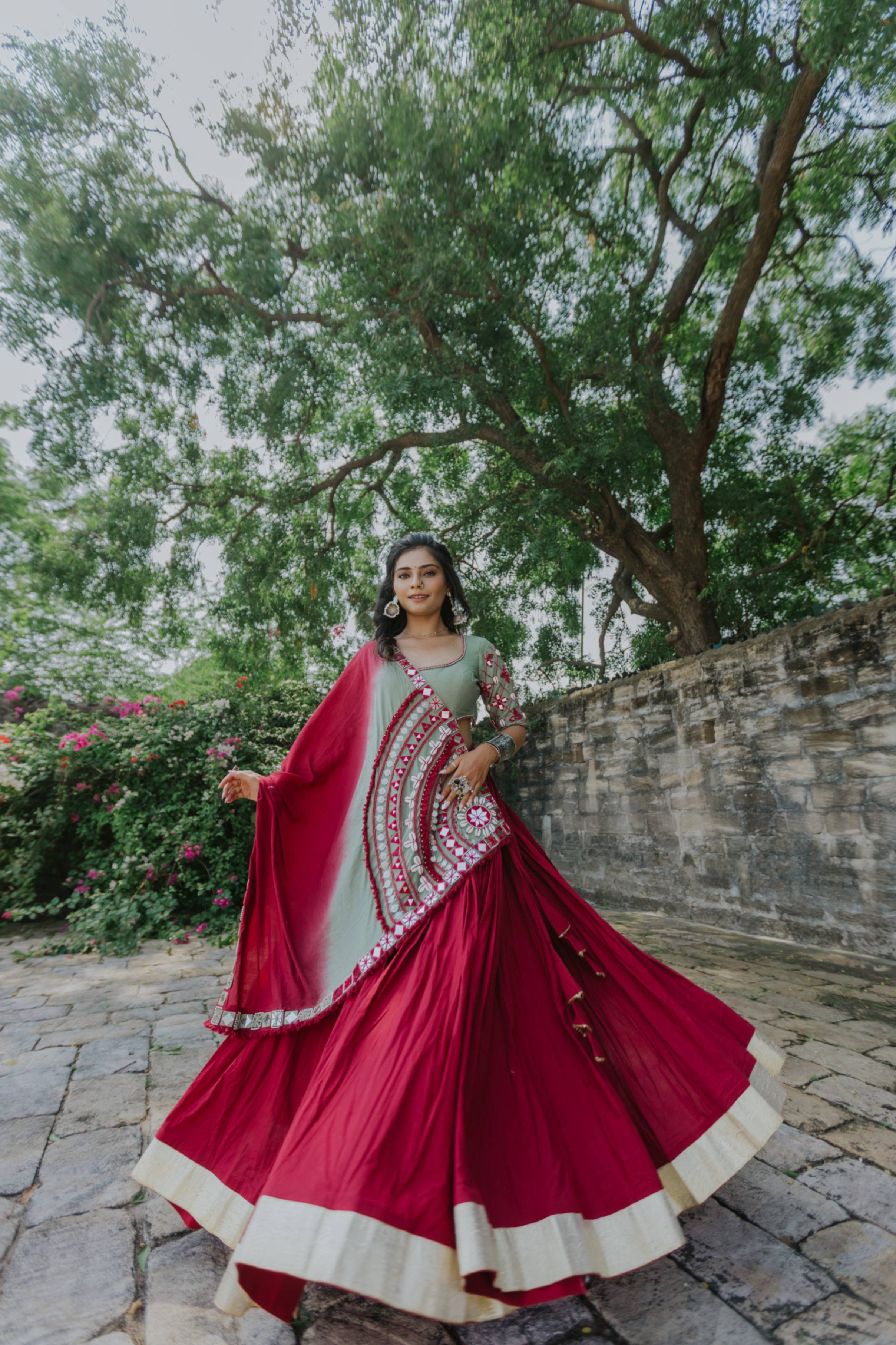 Maroon Boho Handcrafted Mirror Work Navratri Chaniya Choli with Statem ...